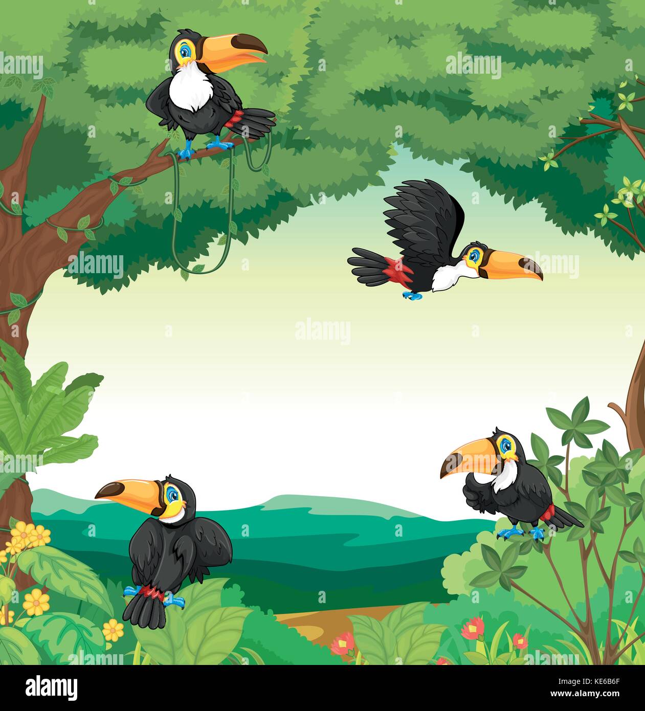 Scene with many toucans flying in forest illustration Stock Vector ...