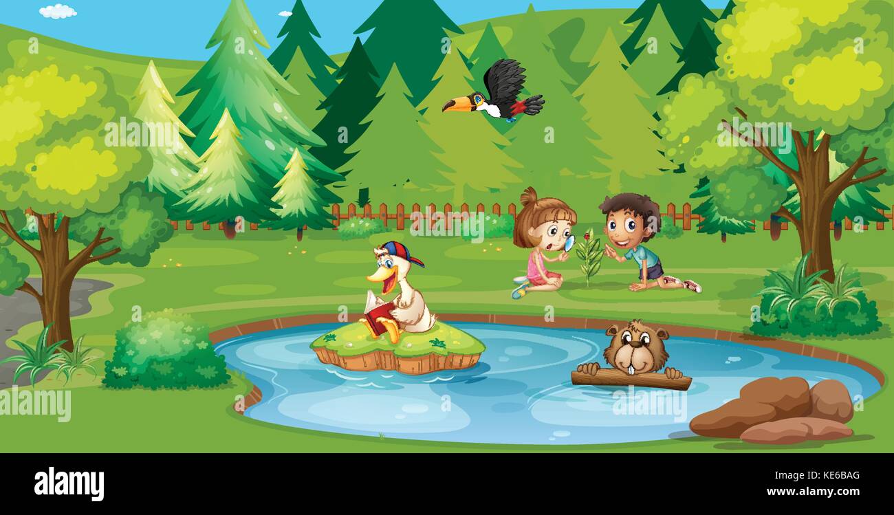 Boy and girl playing by the pond illustration Stock Vector Image & Art ...