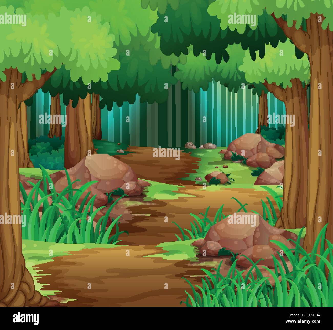 Scene with hiking track in the forest illustration Stock Vector Image ...