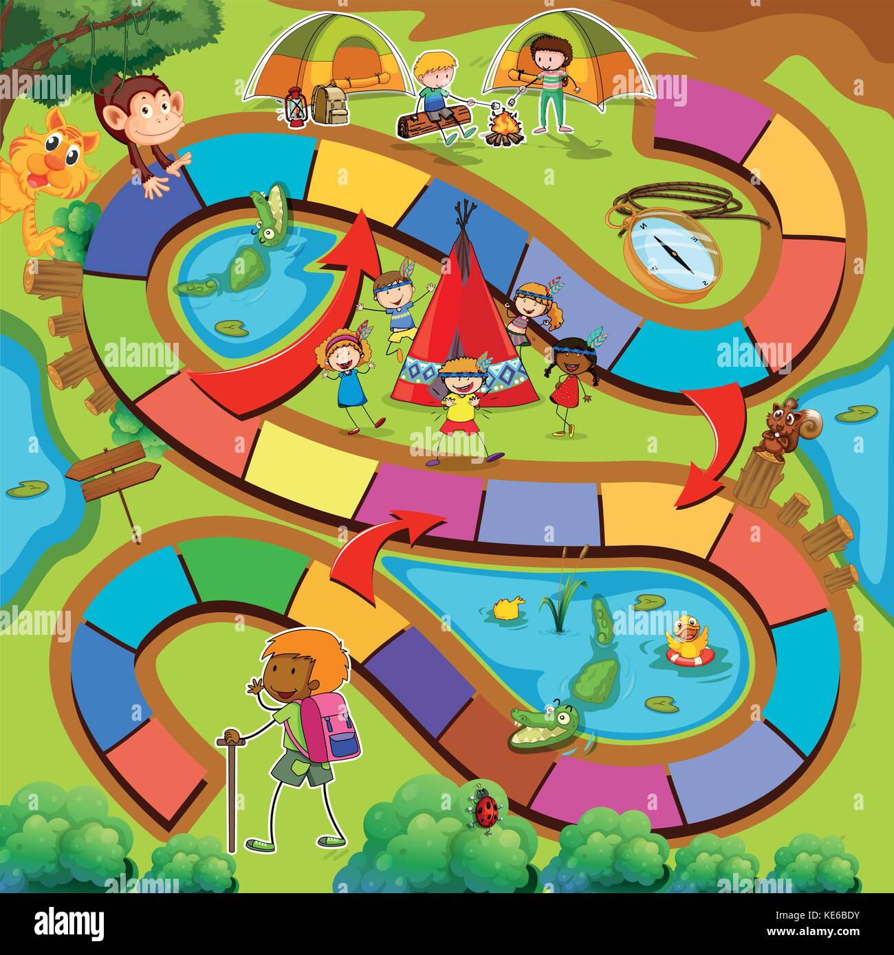 Boardgame template with camping and hiking theme illustration Stock ...