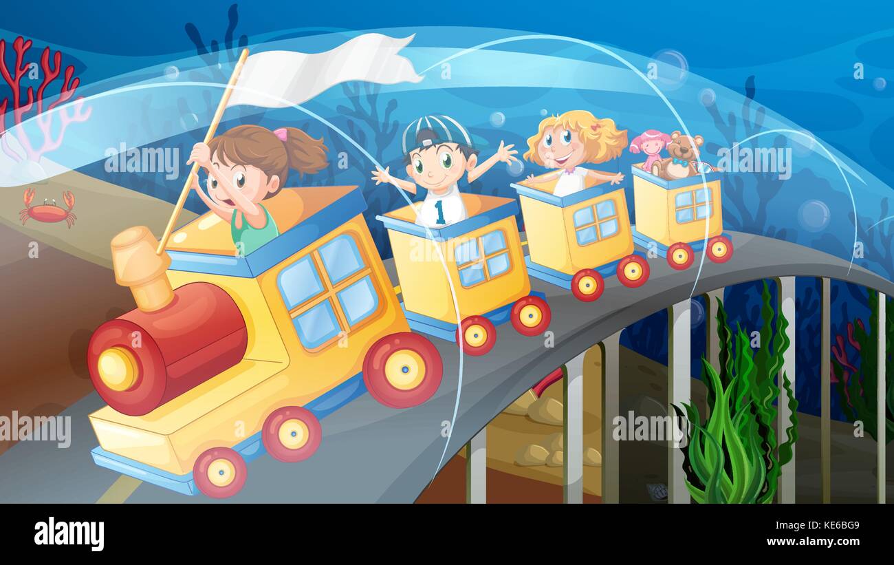 Children riding on train in the tunnel illustration Stock Vector Image ...