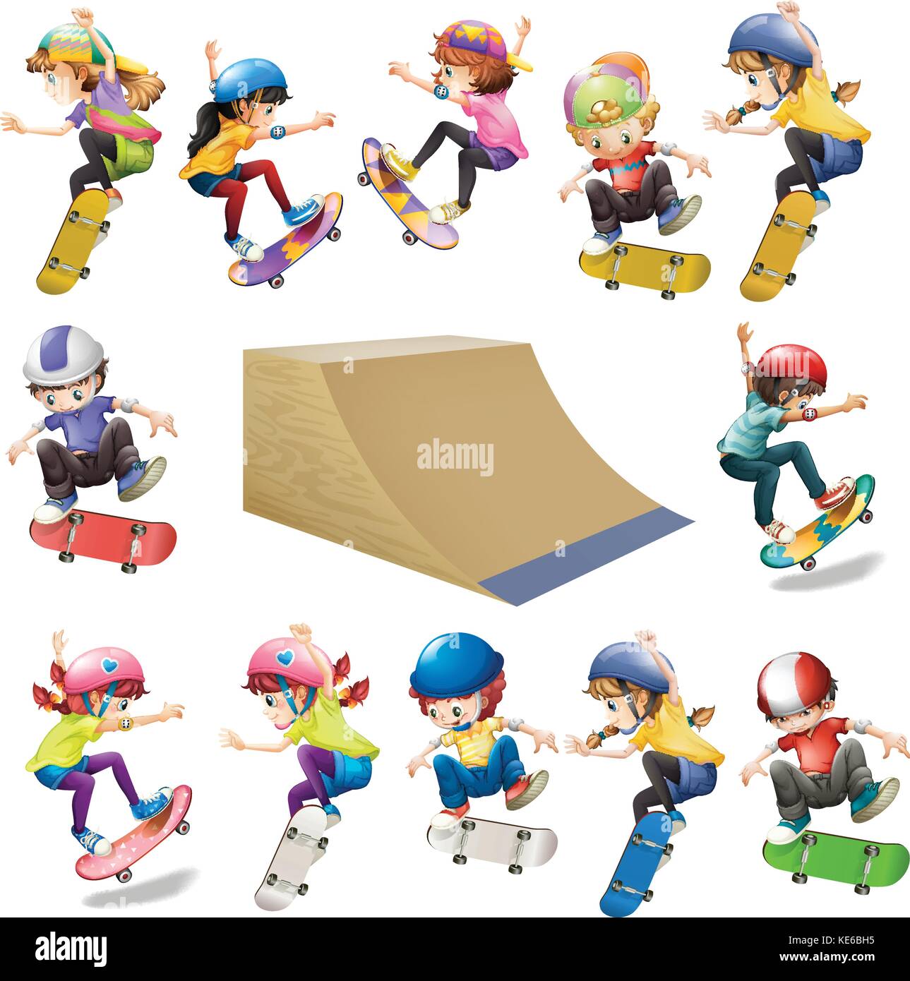 Boys and girls skateboarding on the ramp illustration Stock Vector ...
