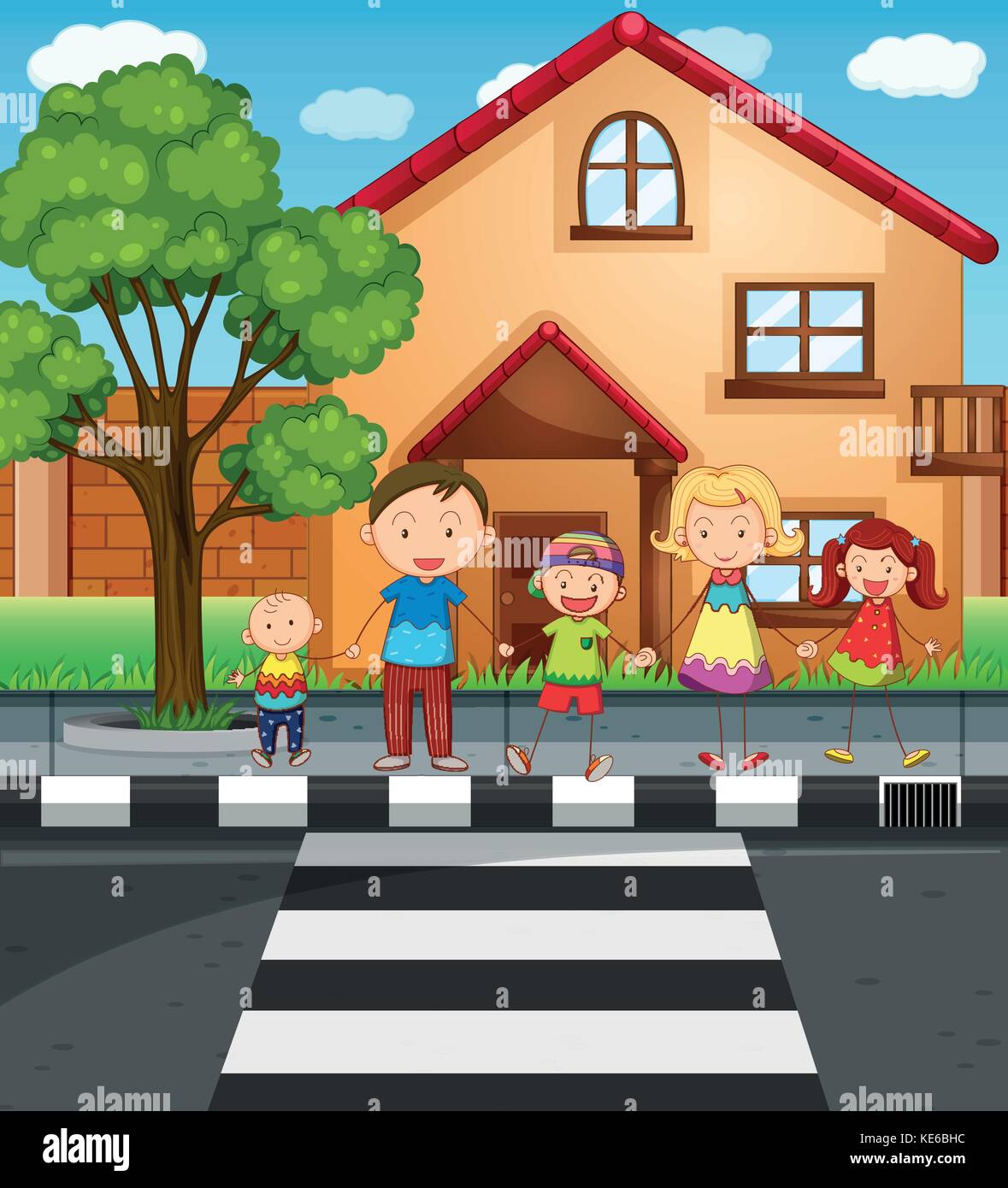 Family holding hands while crossing the road illustration Stock Vector ...