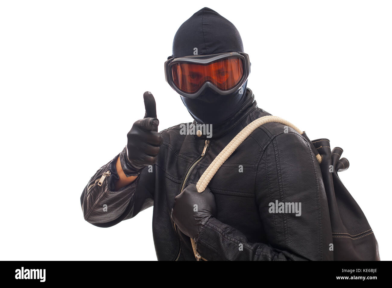 Dangerous burglar dressed in black wearing a mask on head - isolated ...