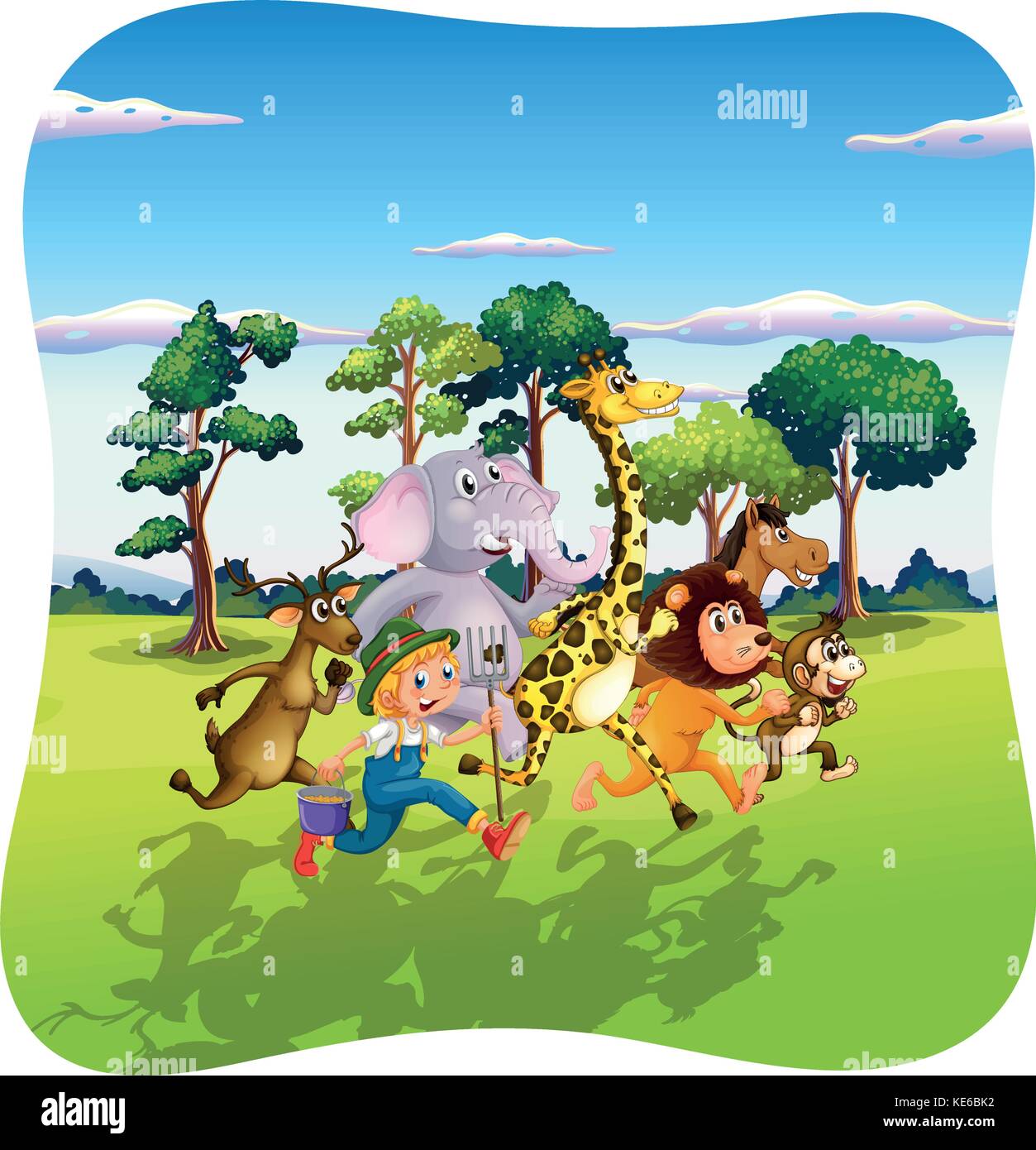 Animals and farmer running in nature illustration Stock Vector Image ...