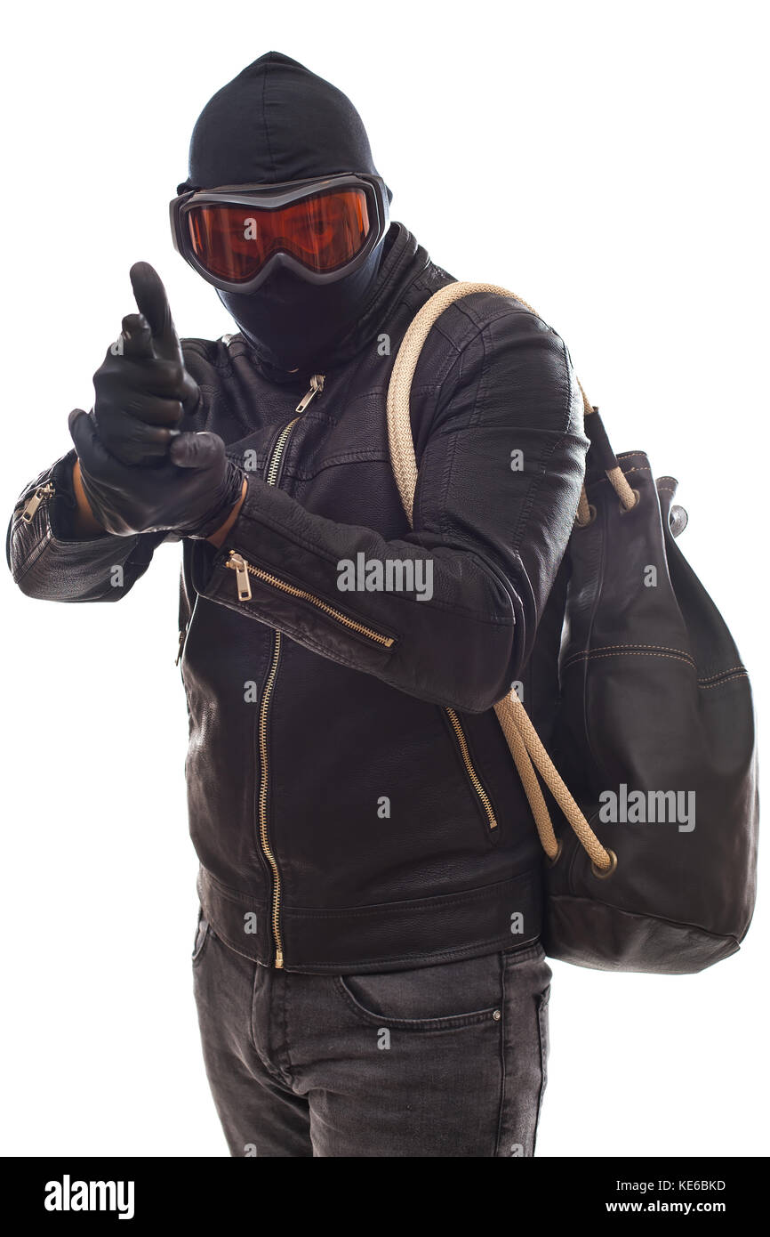 Dangerous burglar dressed in black wearing a mask on head - isolated ...