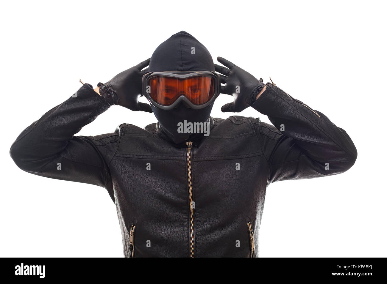 Dangerous burglar dressed in black wearing a mask on head - isolated ...