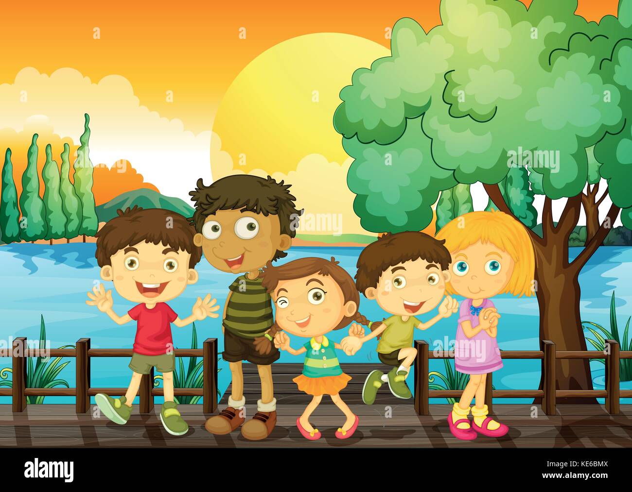 Children on the bridge at sunset illustration Stock Vector Image & Art ...