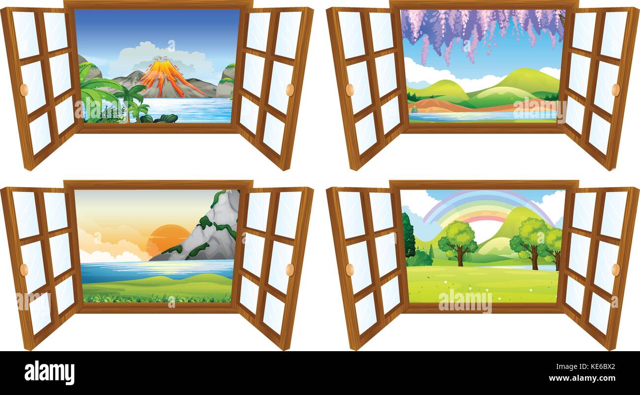 Four nature scenes through the window illustration Stock Vector Image ...