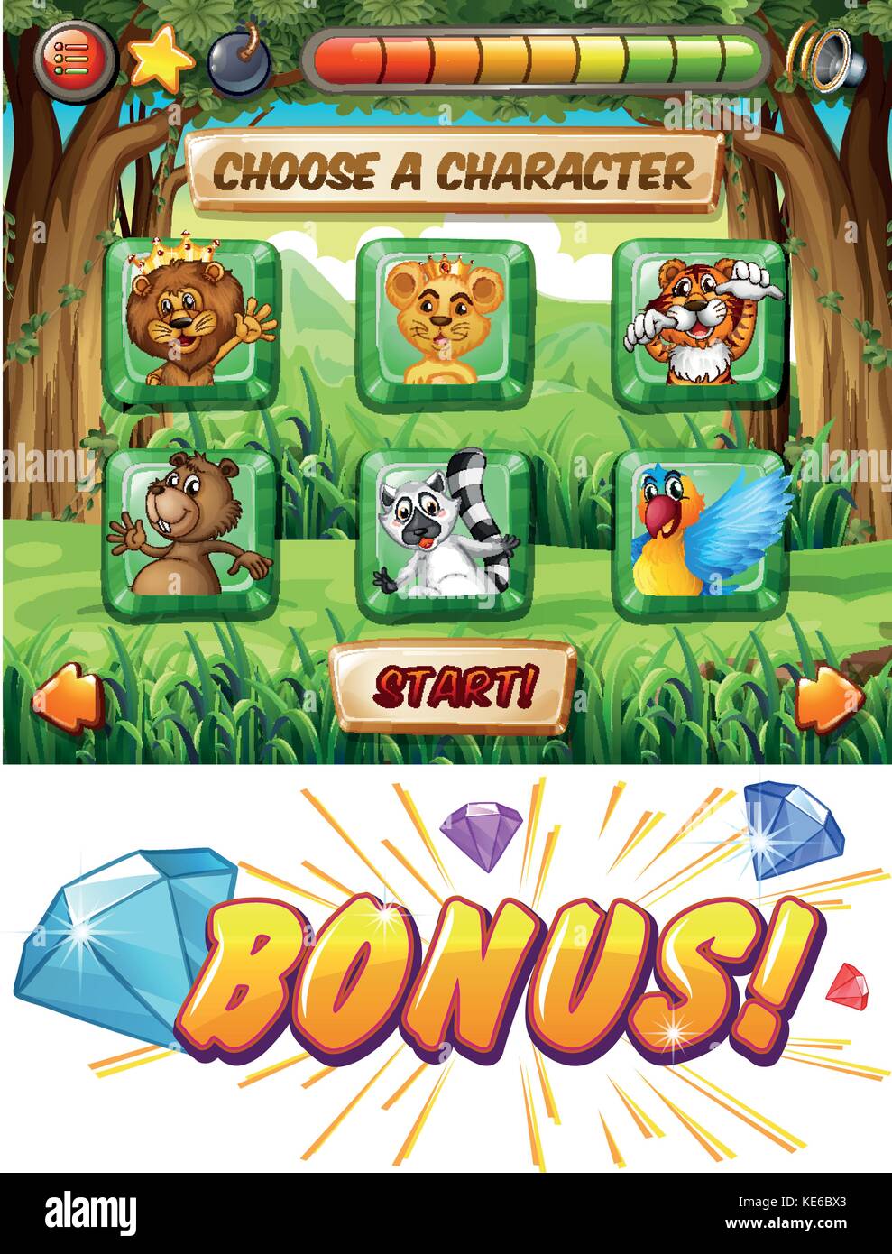 Computer game template with wildlife characters illustration Stock ...