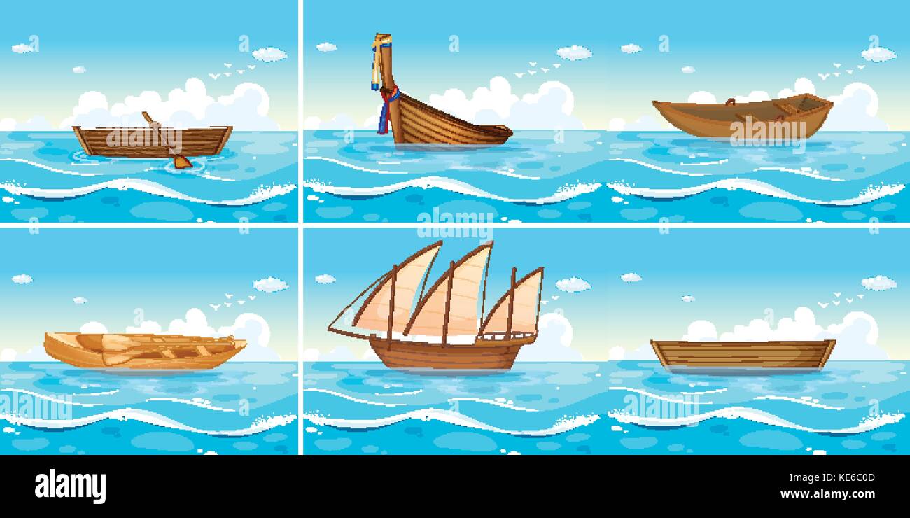 Ocean scenes with boats on water illustration Stock Vector Image & Art ...