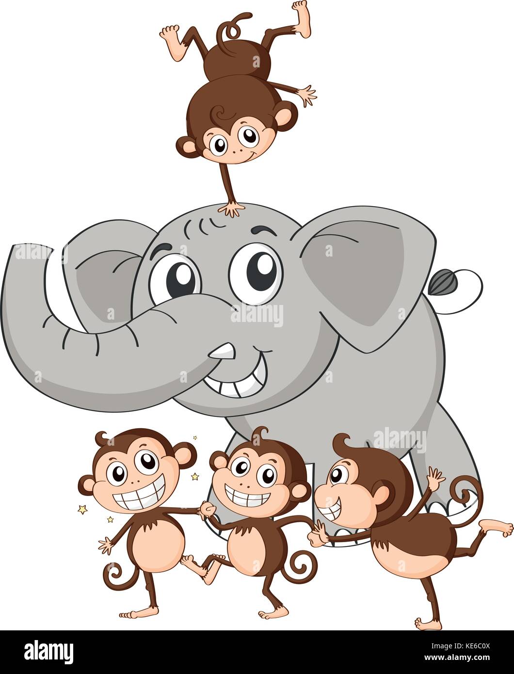 Gray elephant and four little monkeys illustration Stock Vector Image ...