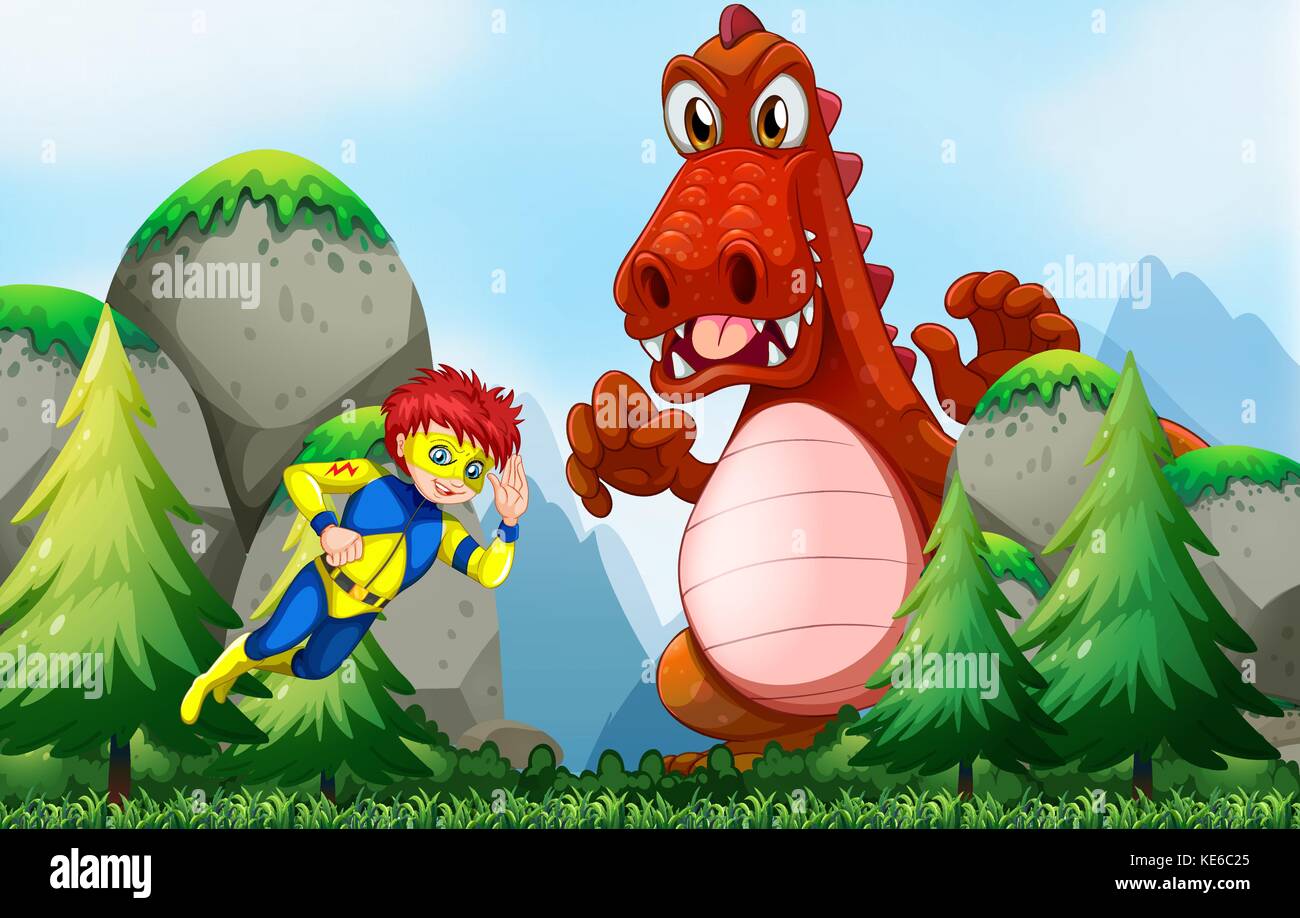 Superhero fighting dragon in the field illustration Stock Vector Image ...