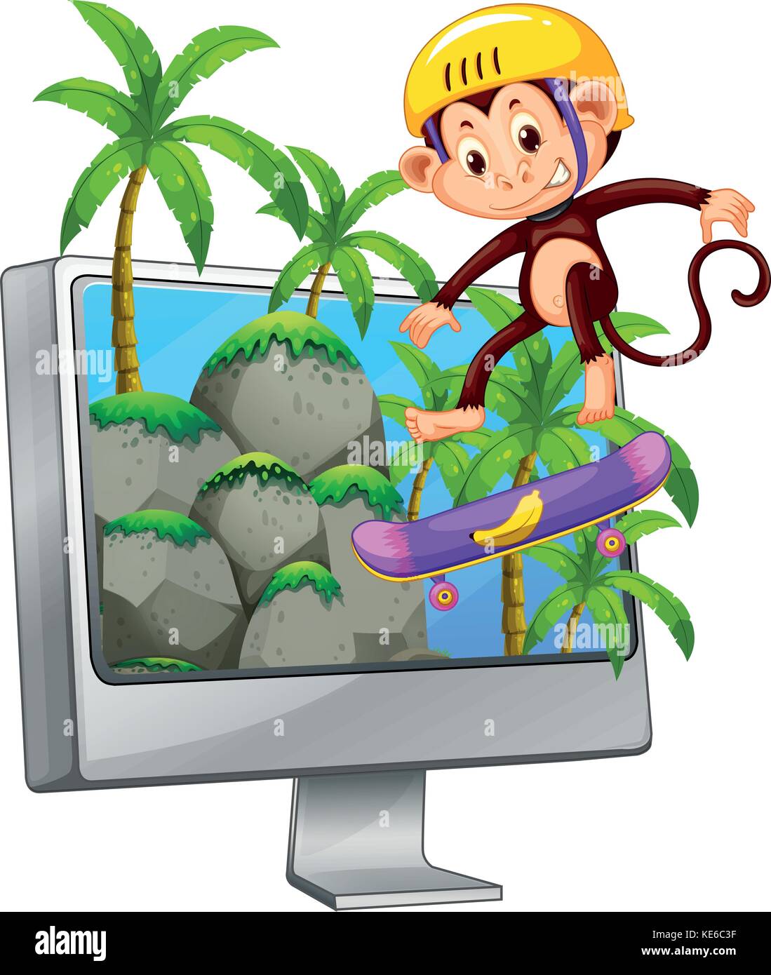 Computer screen with monkey on skateboard illustration Stock Vector ...