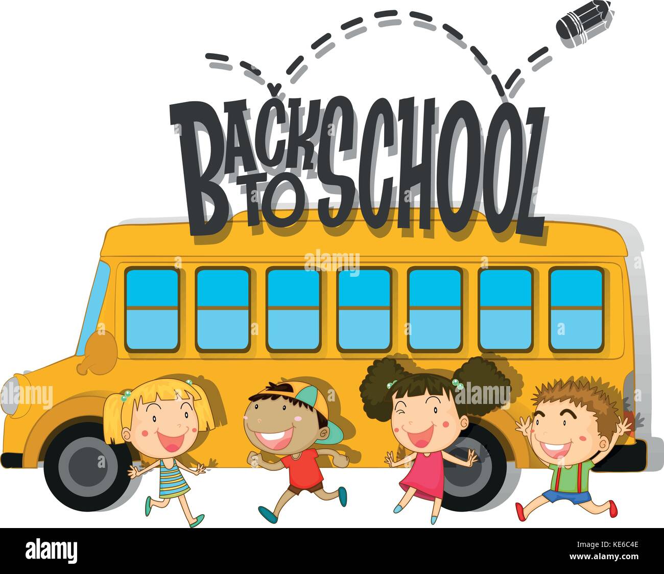 Back to school with children and schoolbus illustration Stock Vector ...