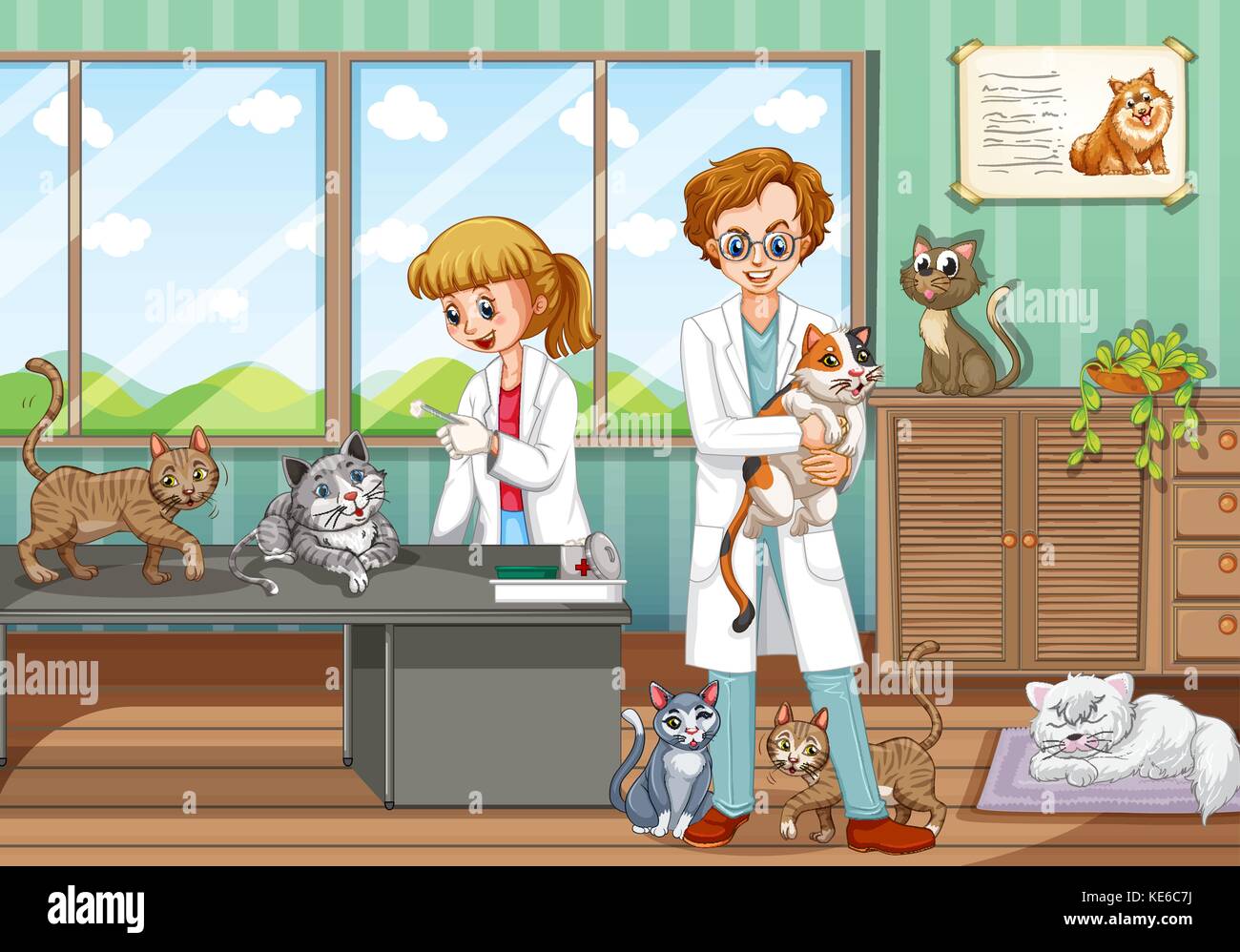Two vets healing animals in the hospital illustration Stock Vector ...