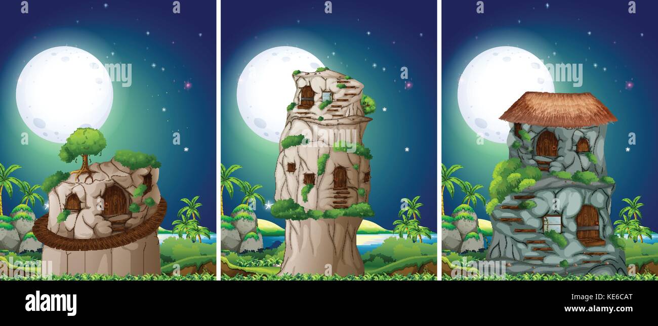 Three scenes of stonehouse at night illustration Stock Vector Image ...