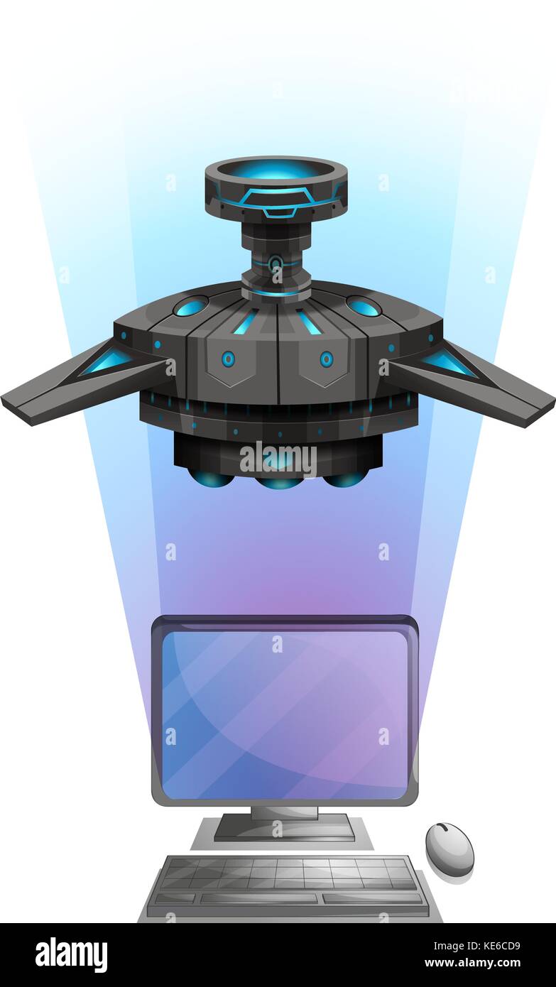 Computer screen with spaceship flying illustration Stock Vector Image ...