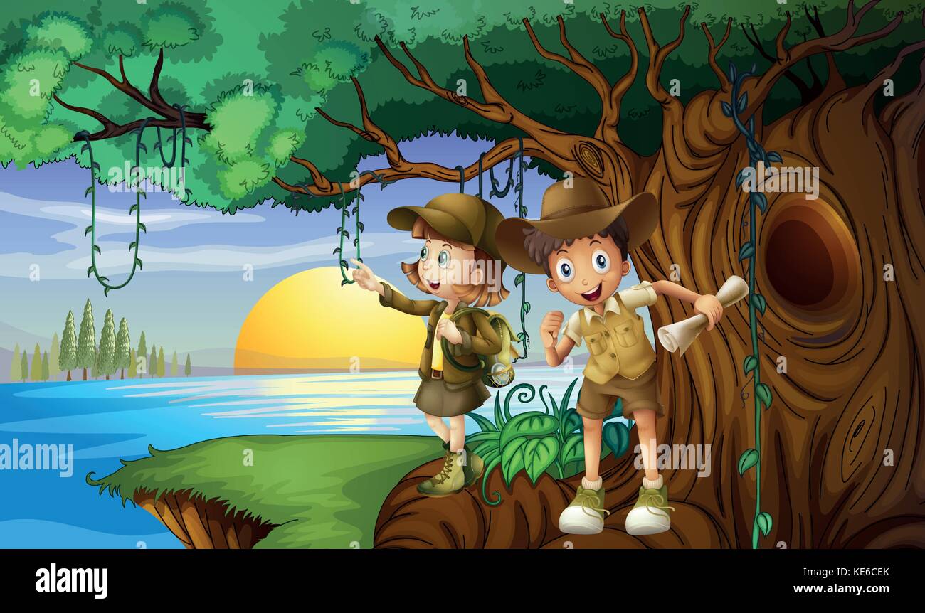 Two kids camping by the river illustration Stock Vector Image & Art - Alamy