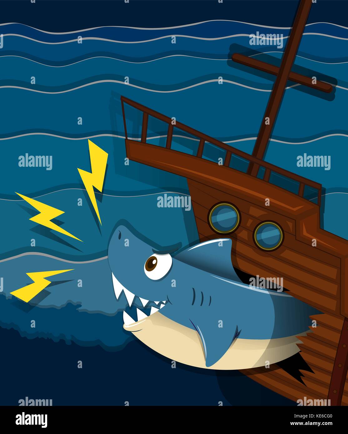 Shipwreck and shark attack underwater illustration Stock Vector Image ...