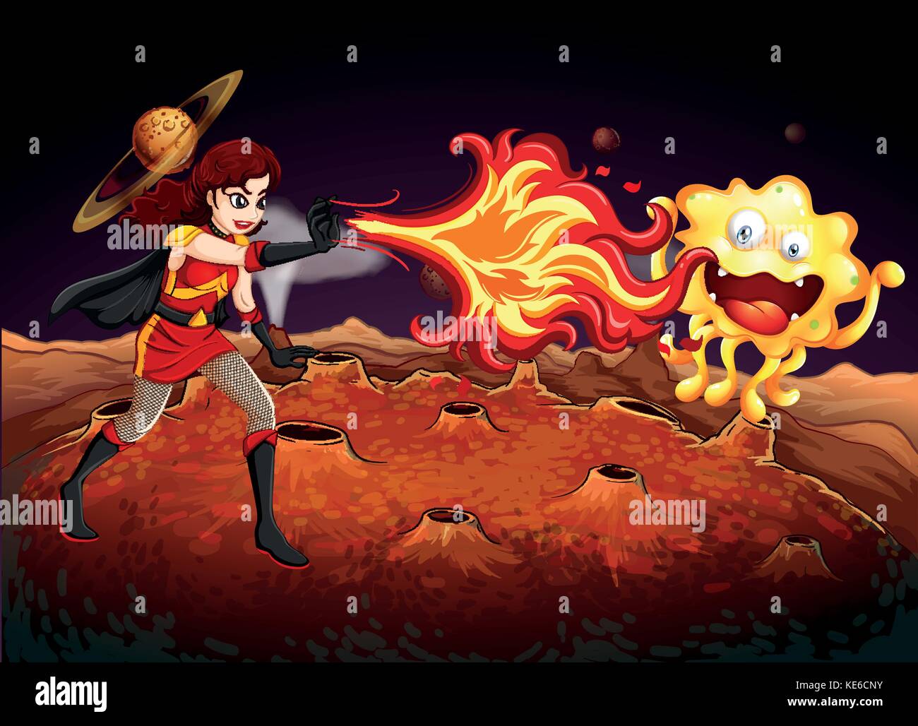 Superhero fighting alien on planet illustration Stock Vector Image ...