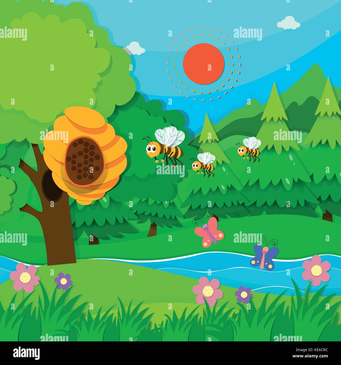 Bee flying around beehive illustration Stock Vector Image & Art - Alamy