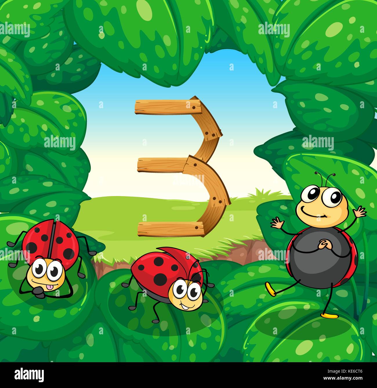 Number three with three ladybugs smiling illustration Stock Vector ...