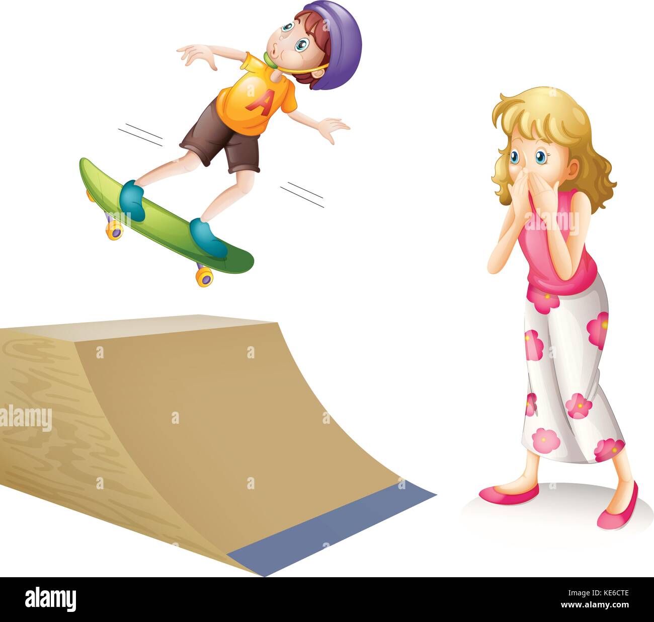 Boy skateboarding on wooden ramp illustration Stock Vector Image & Art ...