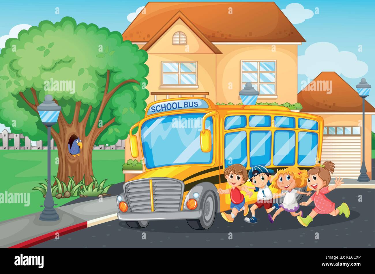 Students getting on school bus illustration Stock Vector Image & Art ...