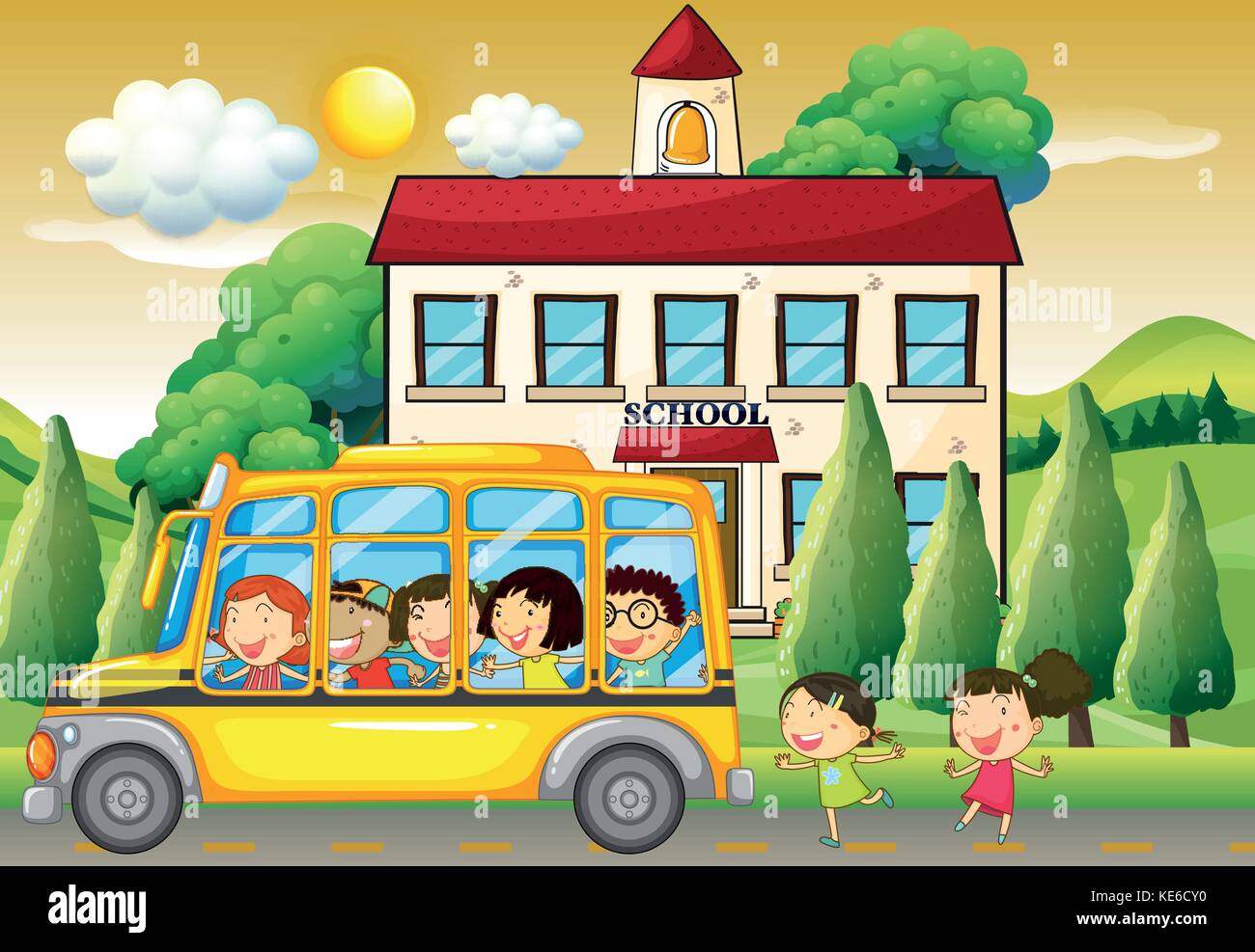 Students riding school bus to school illustration Stock Vector Image ...