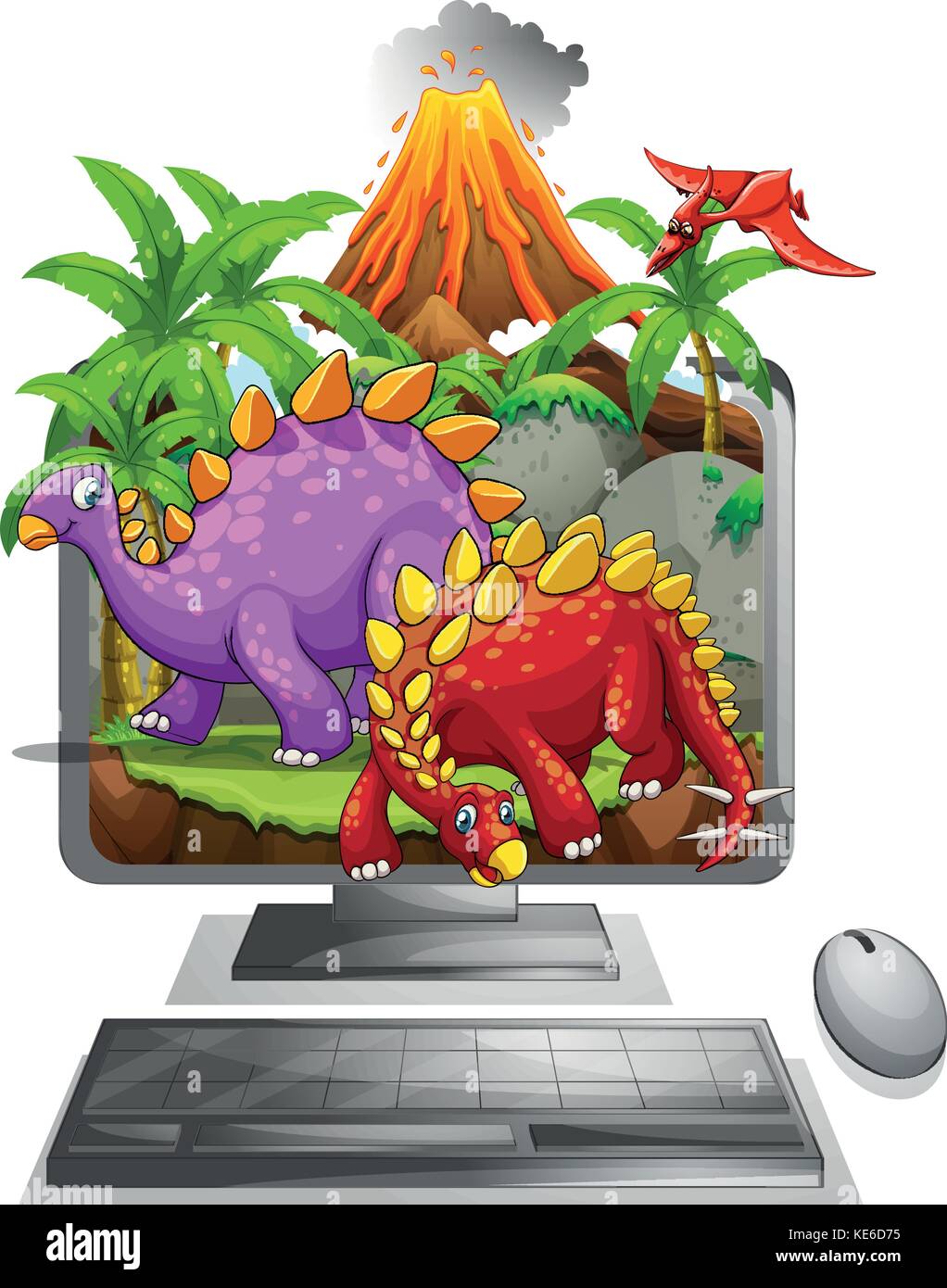 Computer screen with dinosaurs and volcano illustration Stock Vector ...