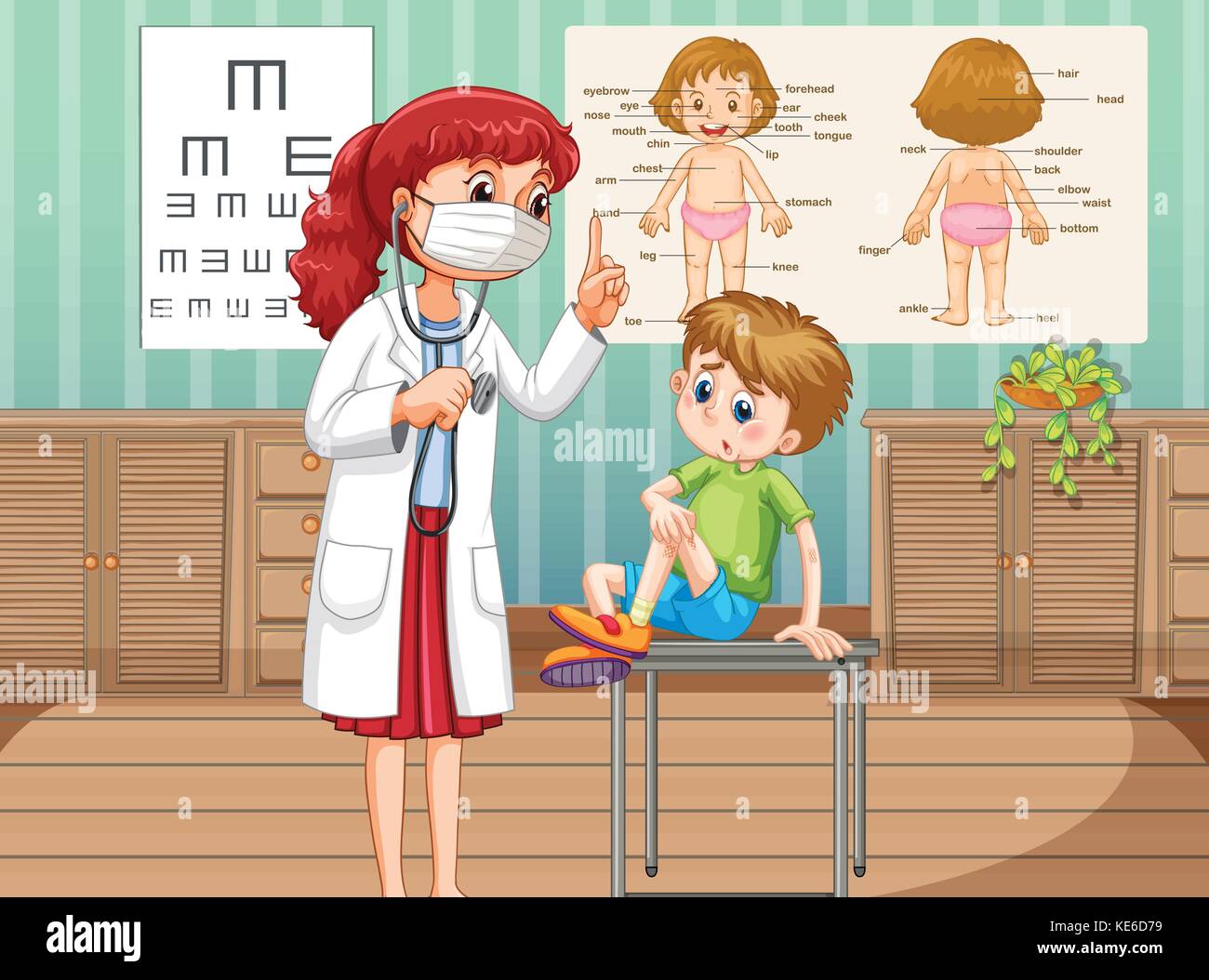 Doctor healing boy in clinic illustration Stock Vector Image & Art - Alamy