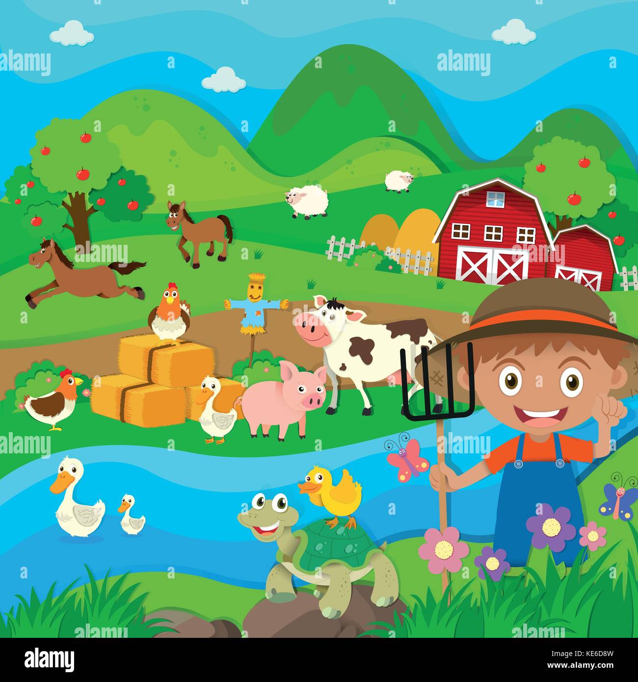 Farmer and farm animals in the farm illustration Stock Vector Image ...