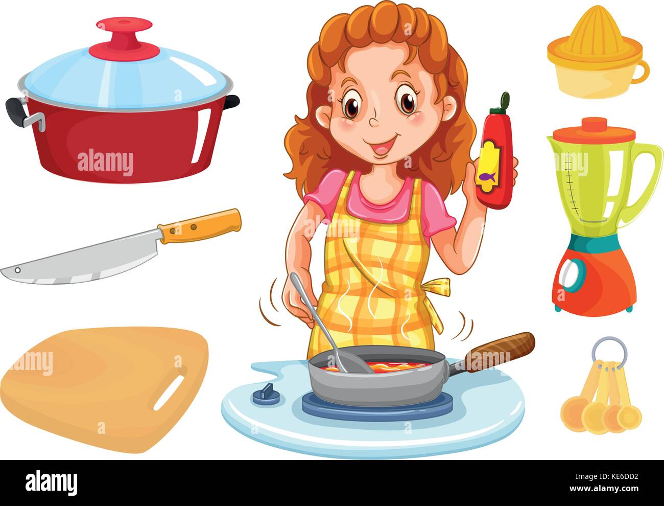 Woman cooking and kitchenwares illustration Stock Vector Image & Art ...