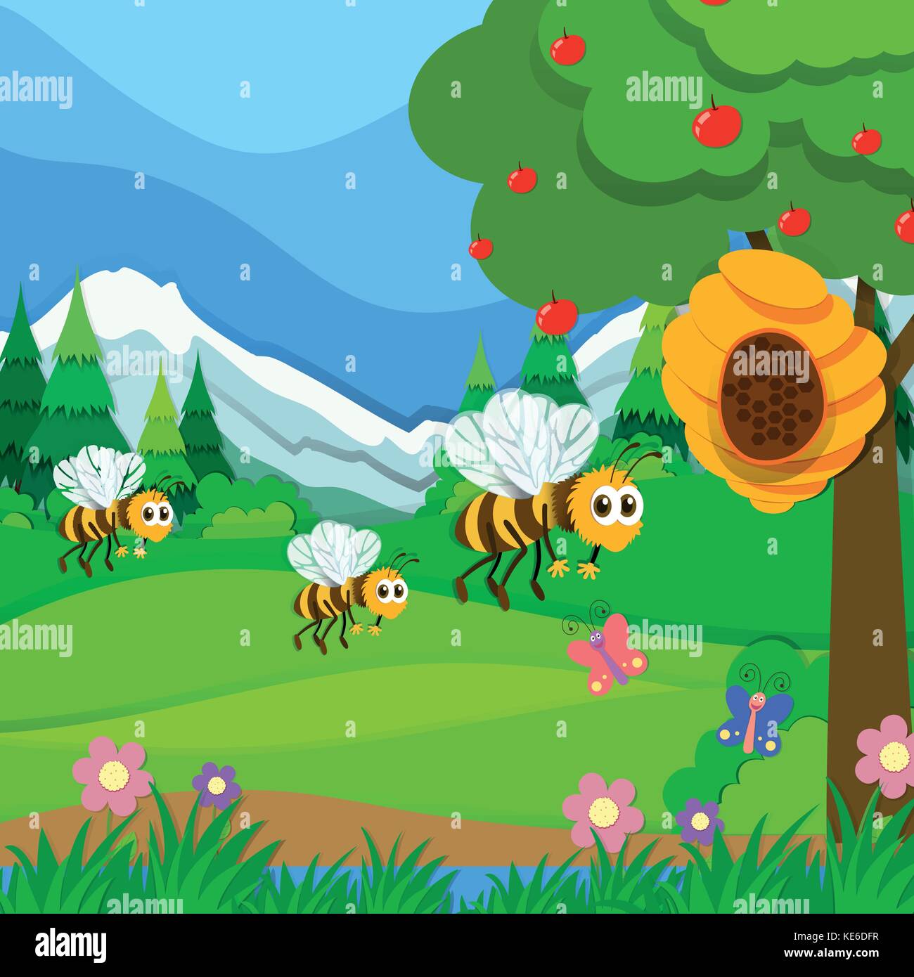 Bees flying around the beehive in the park illustration Stock Vector ...
