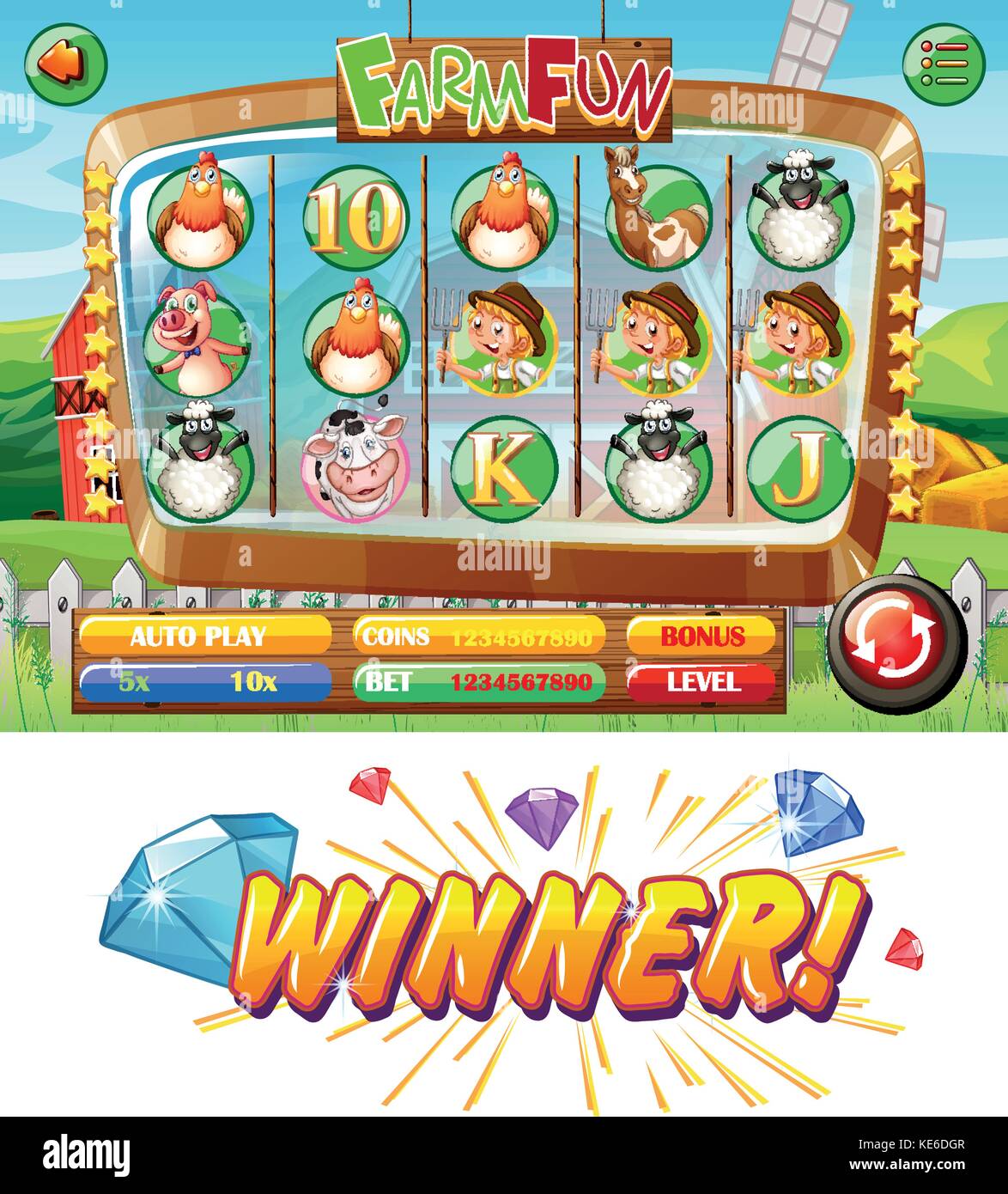 Slot game template with farm animal characters illustration Stock ...