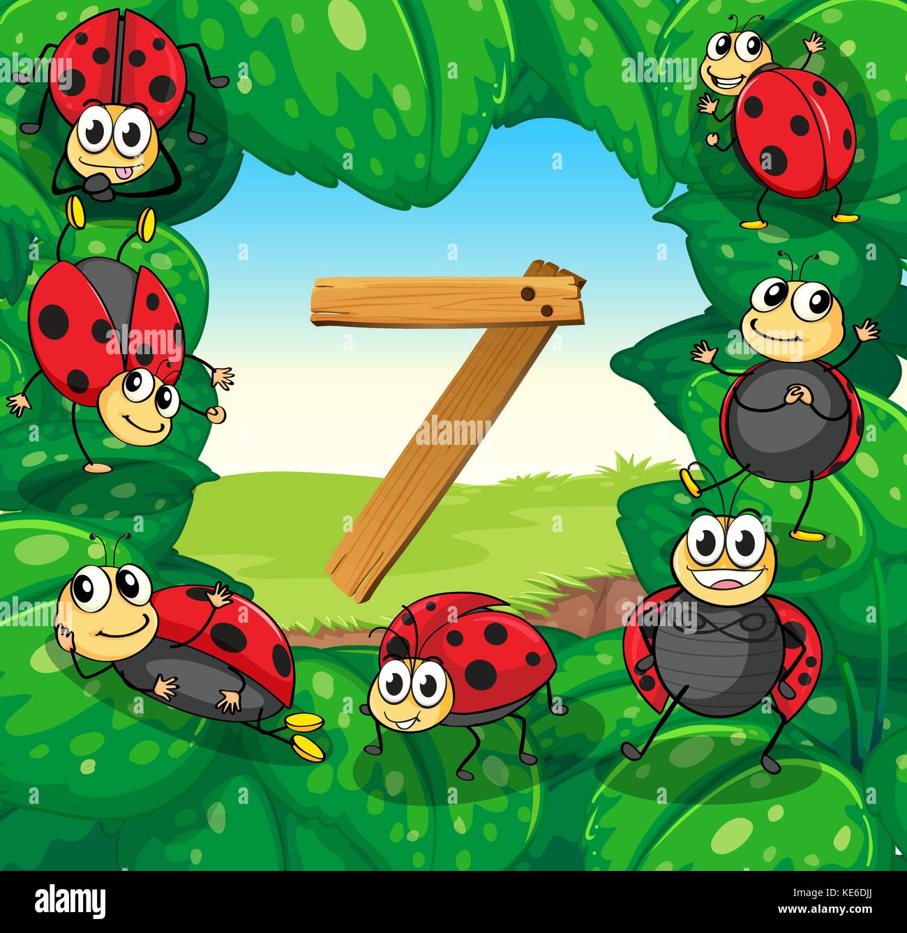 Number 7 with 7 ladybugs on leaves illustration Stock Vector Image ...