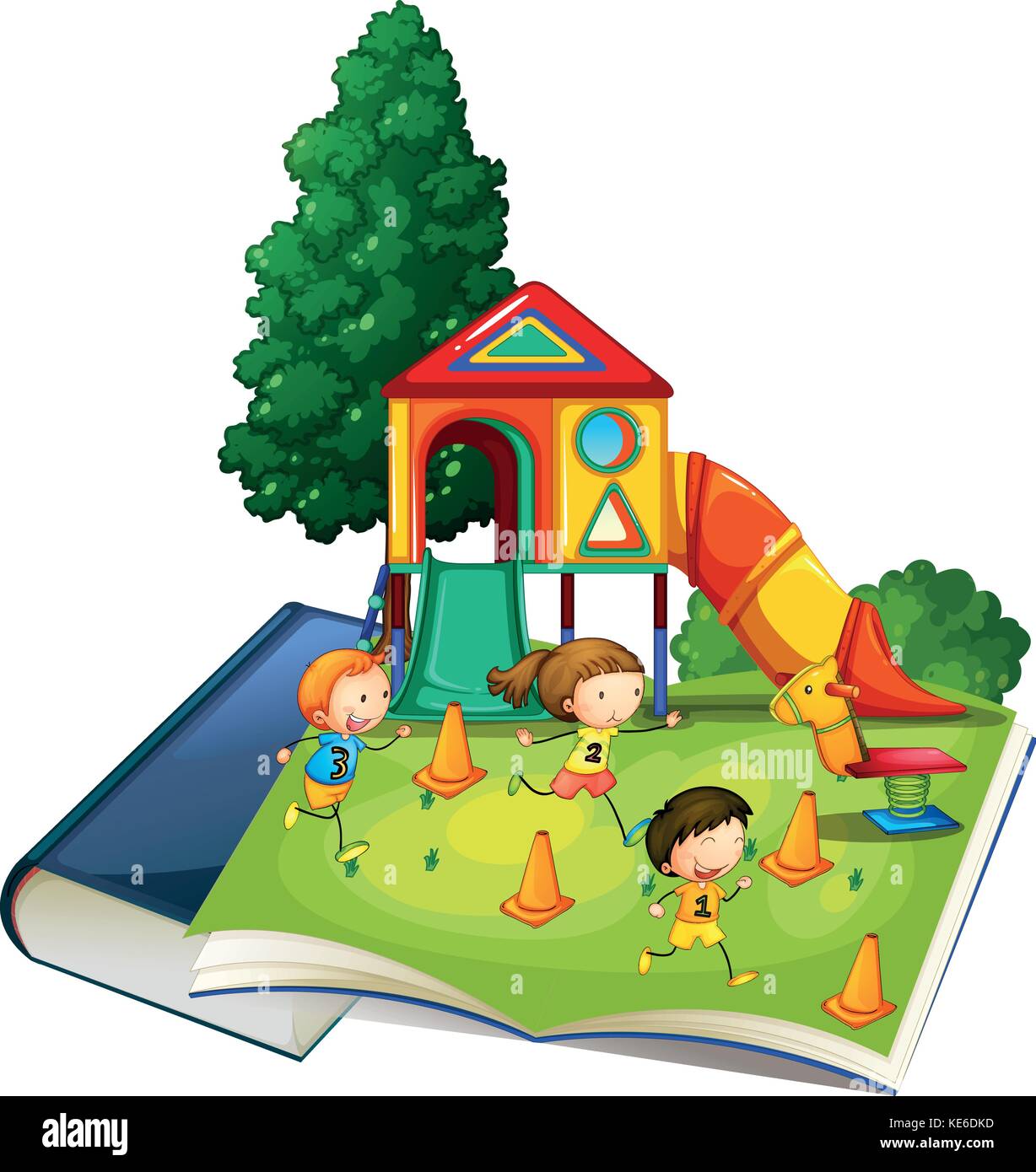 Giant book with children playing at playground illustration Stock ...