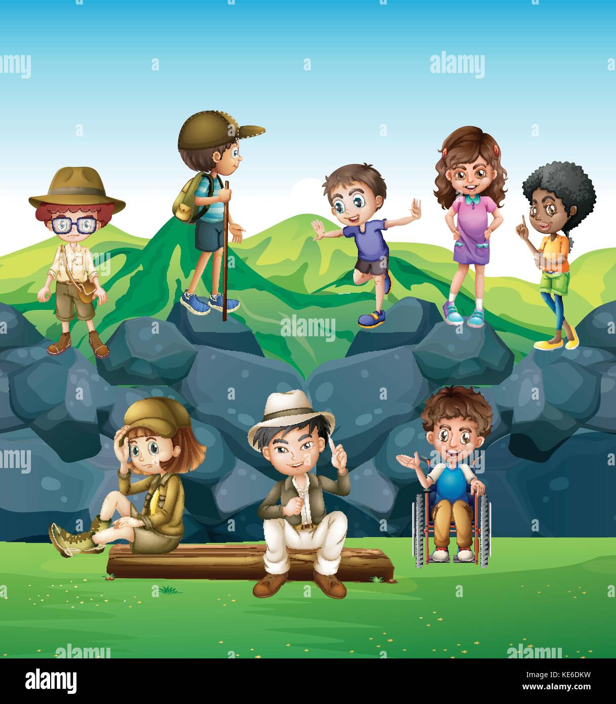 Children hiking and camping in the field illustration Stock Vector ...