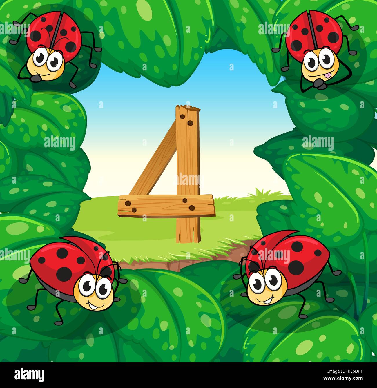 Number four with 4 ladybugs on leaves illustration Stock Vector Image ...