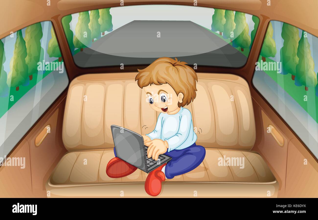 Little boy using computer in the car illustration Stock Vector Image ...