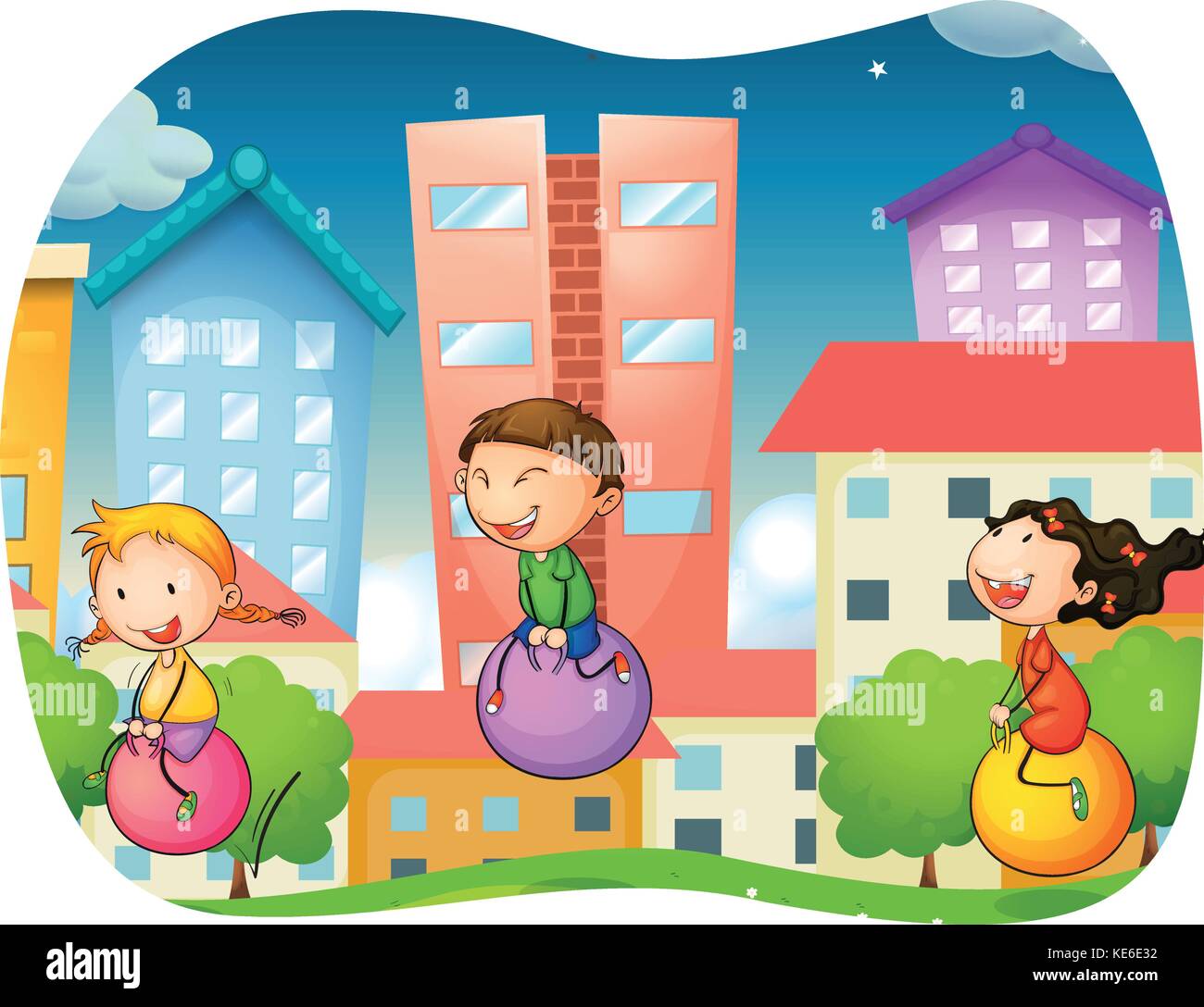 Boy and girls bouncing on the ball in the park illustration Stock ...