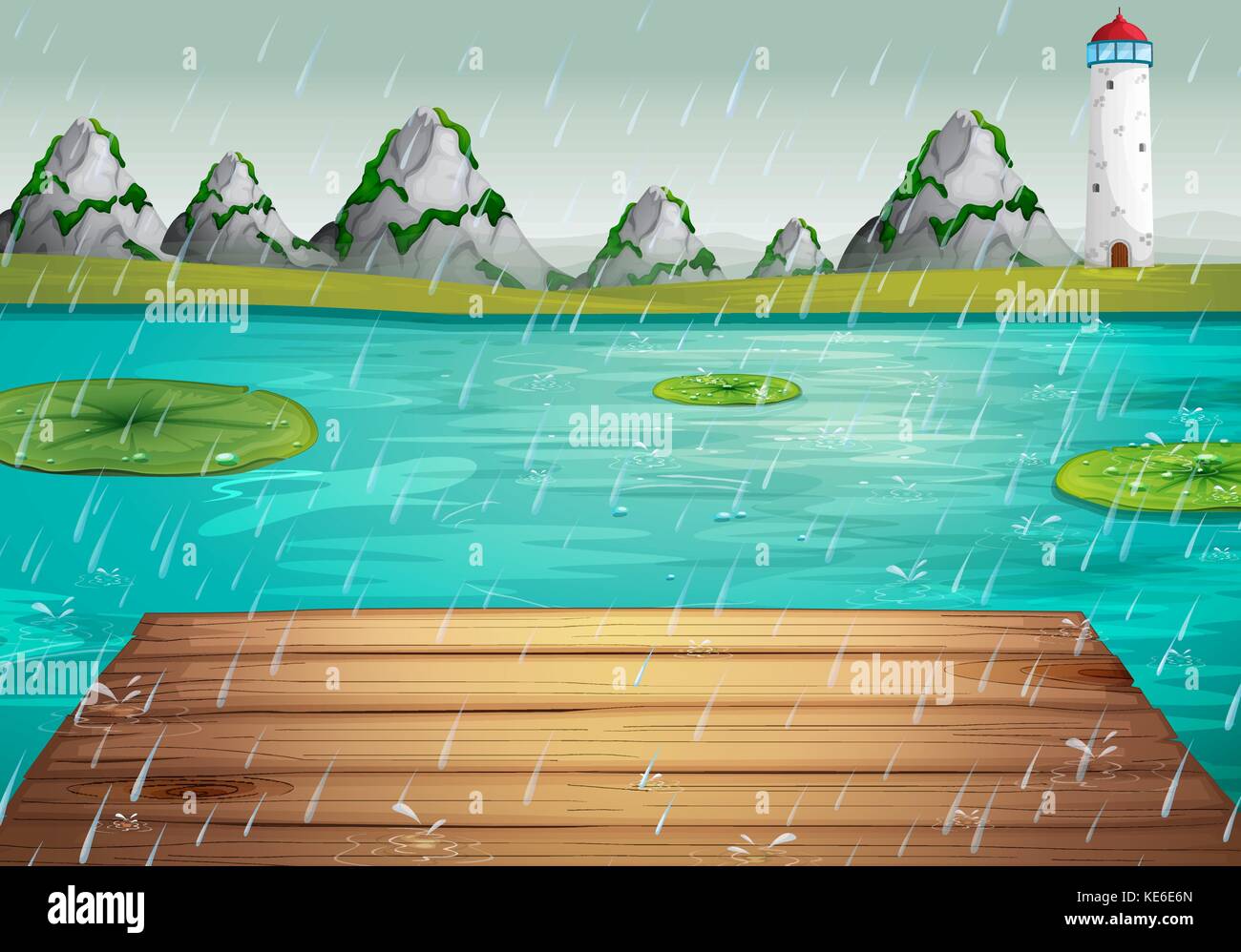 Lake scene during the rain illustration Stock Vector Image & Art - Alamy