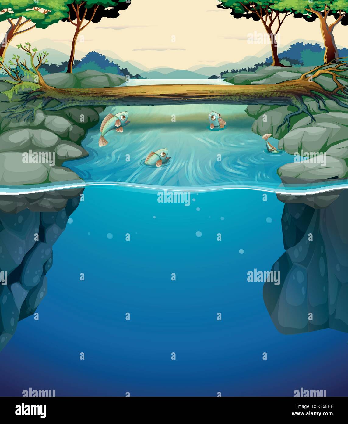 Nature scene with fish in the river illustration Stock Vector Image ...