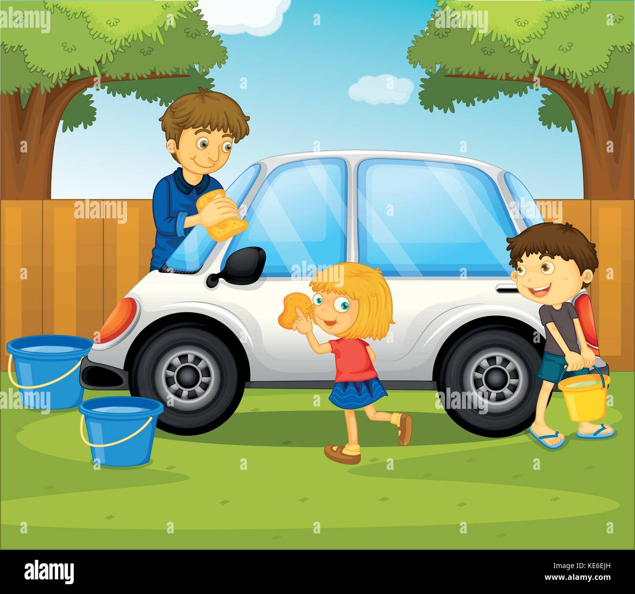 Dad and kids washing car in the park illustration Stock Vector Image ...