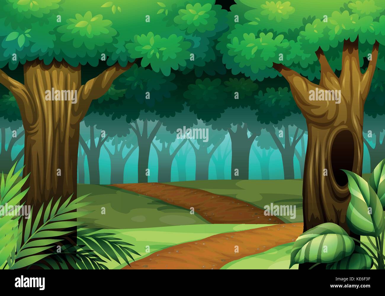Forest scene with trail in the woods illustration Stock Vector Image ...