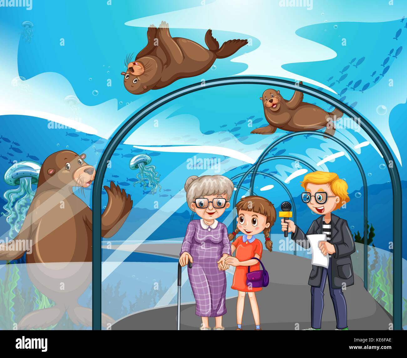 Man interview visitors at the aquarium illustration Stock Vector Image ...