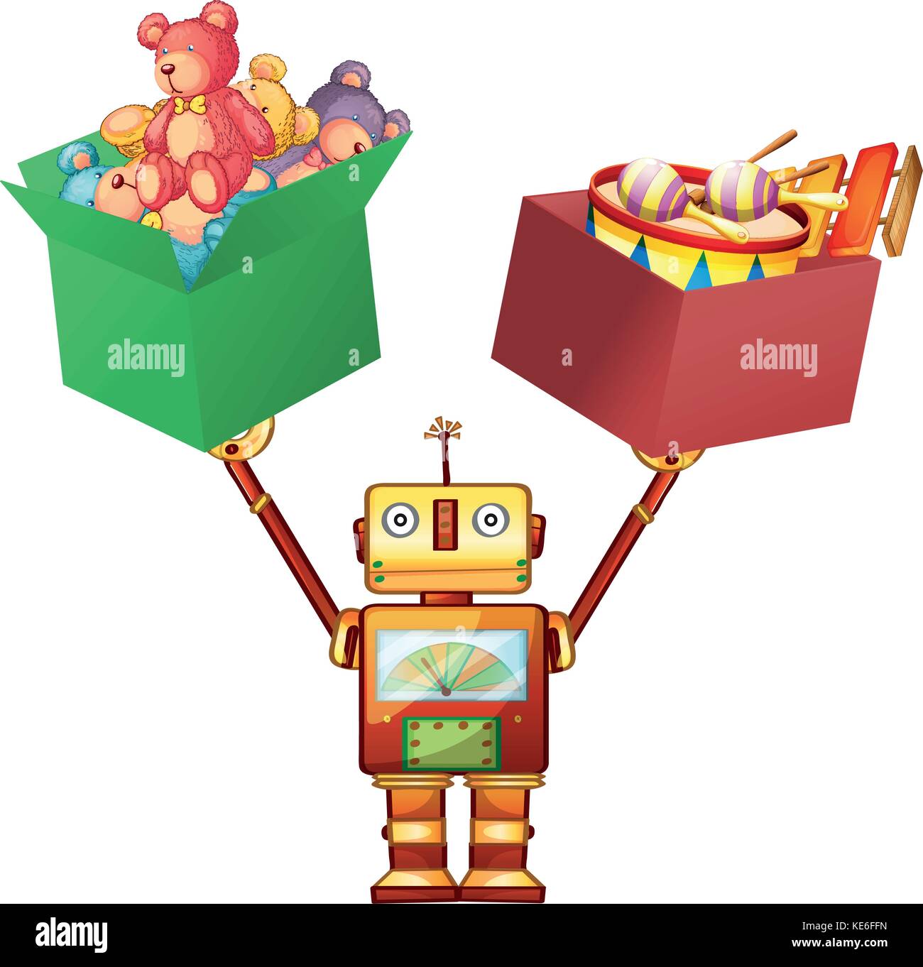 Robot lifting boxes with teddy bears and instruments illustration Stock ...