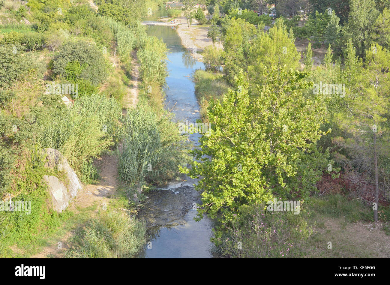 Mijares river. View of sunny landscape, in Montanejos village (province ...