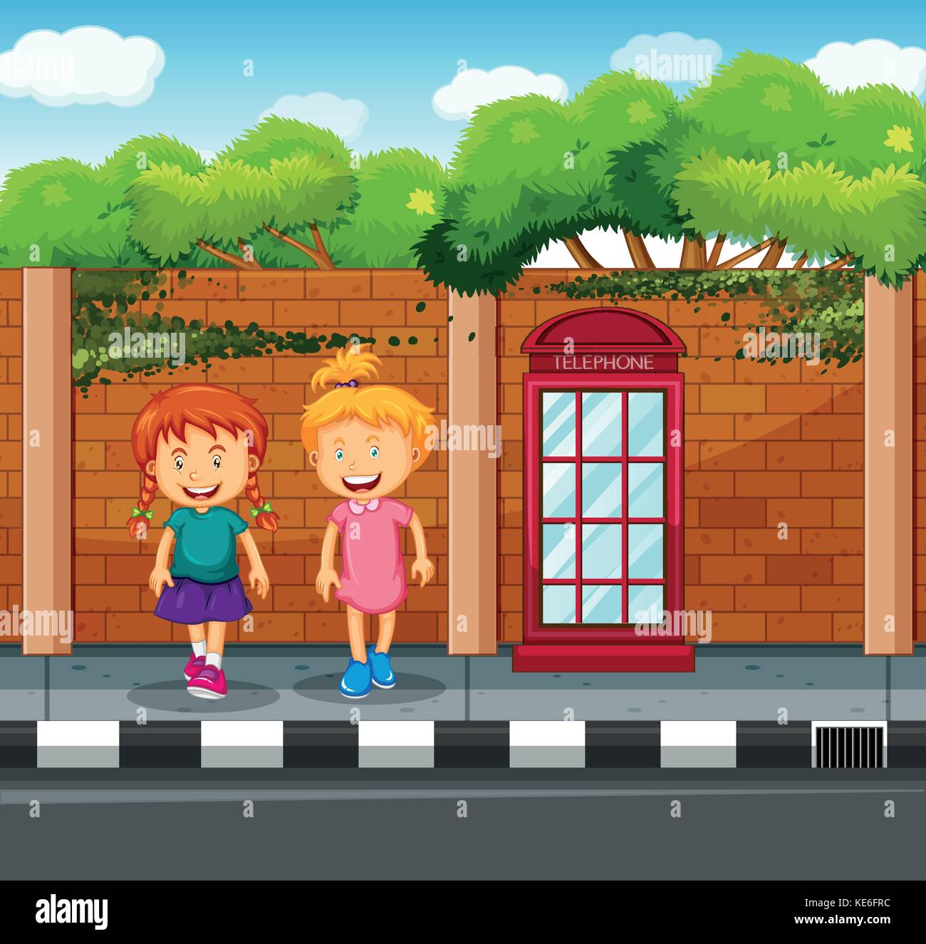 Two girls standing at the pavement illustration Stock Vector Image ...